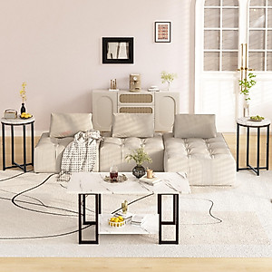 Lamerge 3 Pieces Living Room Table Set, Faux Marble Coffee Table with 2 Round End Side Tables, Coffee Table Set with Metal Frame for Apartment Home Office, White Black