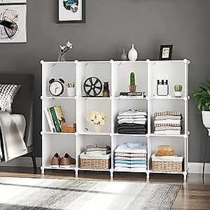 AWTATOS Cube Storage Organizer Modular Storage 12 Cube Bookshelf DIY Plastic Closet Clothes Storage Shelves with Wooden Mallet, Stackable Storage Solution for Home, Office, Bedroom, White