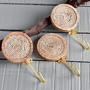 Indian Shelf 3 Piece Wood Boho Wall Hooks for Hanging Coats, Bags, Backpack Decorative Key Holder Unique Coat Rack Wall Mounted Natural Brown Rattan Key Hooks