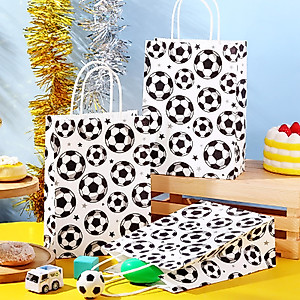 Blulu 24 Pack Soccer Gift Bags Soccer Party Favor Bags White Kraft Paper Soccer Bags for Treats Soccer Goodie Bag Favors for Sports Theme Party Decorations, Game Celebration