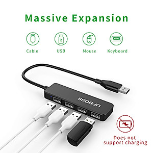 UFBOSS Ultra Slim 4 Port USB 2.0 Data Hub, 1Ft Long Cable USB Splitter for Laptop, Dell, Asus, HP, MacBook Air, Surface Pro, Acer, Xbox, Flash Drive, HDD, Console, Printer, Camera