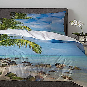 Maliyand Full Duvet Cover Set of 3,Palm Tree Beach Sea Cloud Blue Sky Island Reef Stone Duvet Covers with Zipper Closure and Corner Ties(1 Comforter Cover +2 Pillow Cases)