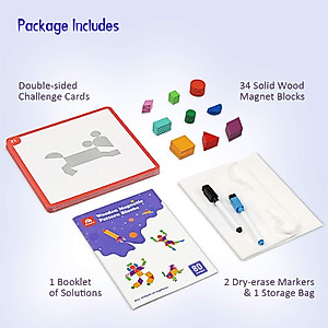 Coogam Wooden Magnetic Shape Puzzle Pattern Blocks Set, Tangram Geometric Manipulative Brain Teasers Toy Montessori Magnet Board Puzzle STEM Gift for Kids with 80 Challenges