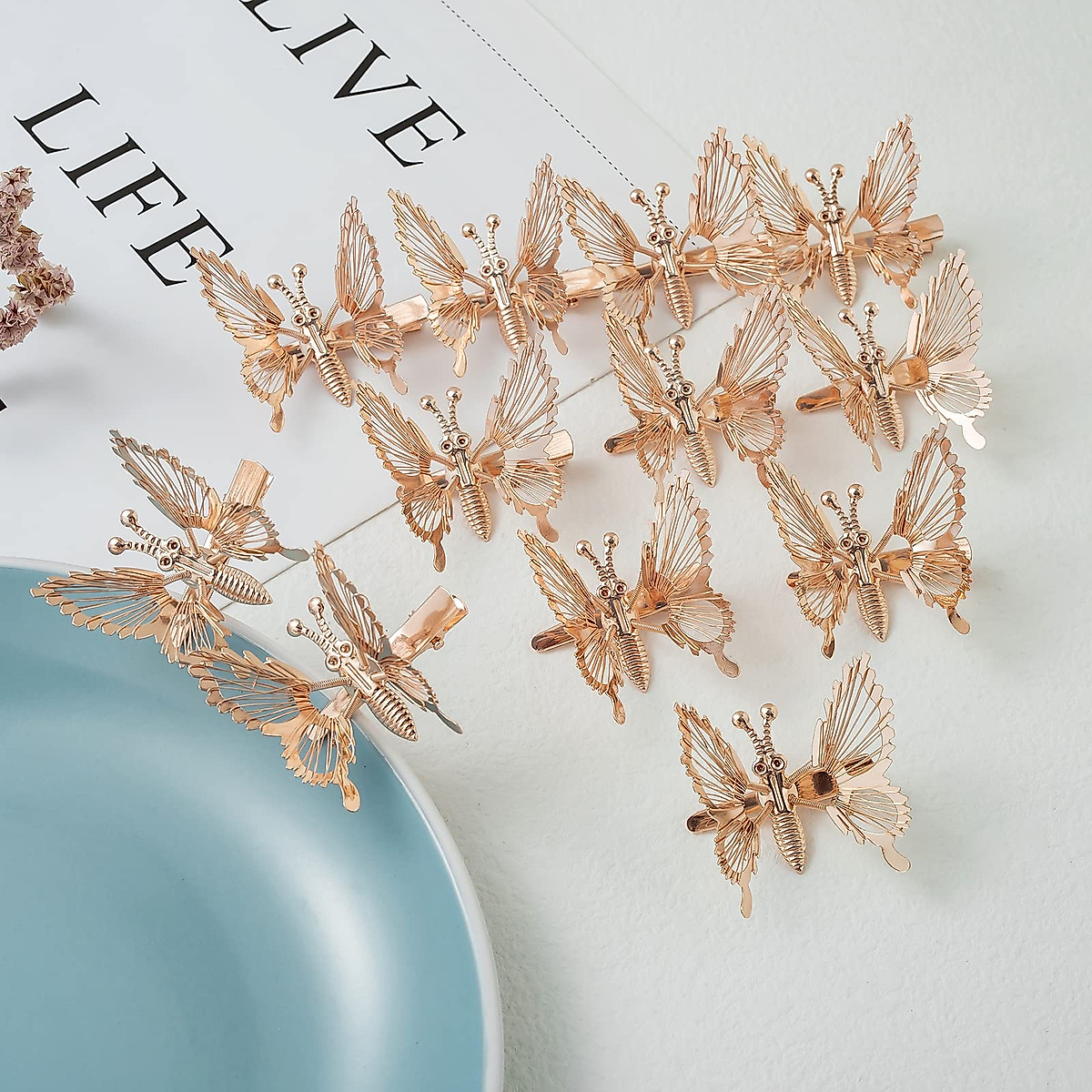 Kachanaa 3D Moving Butterfly Metal Hair Styling Accessories - 12 Pcs Hollow Hair Pins, Cute Barrettes, Clamps, and Claw Clips for Women and Girls (Gold)