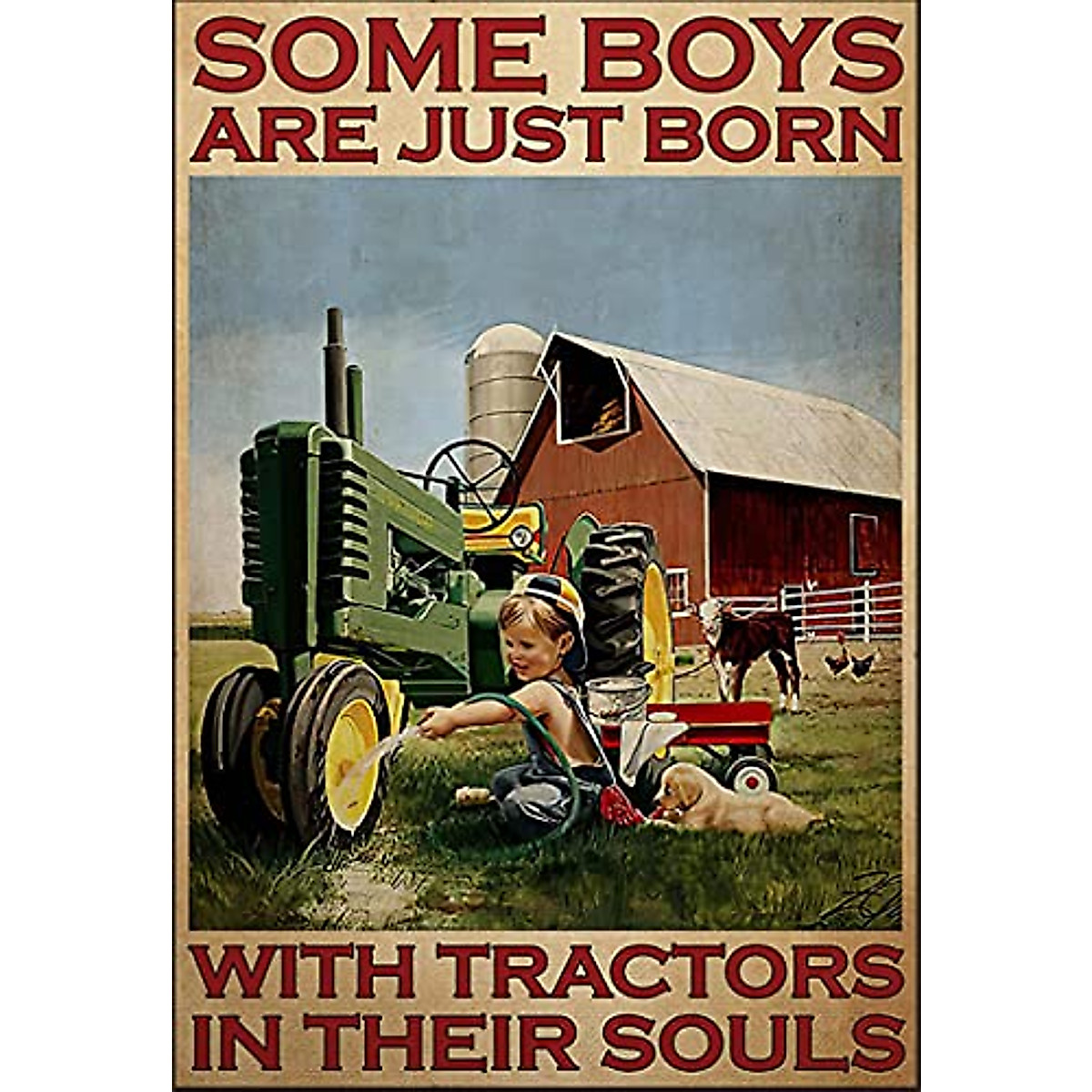 Ranch Boy Tractor Poster Metal Tin Sign, Some Boys Have Tractors When They were Born, Chic Retro Art Garage Pub Man Cave Club Novel and Interesting Bathroom Toilet Decoration 8X12Inch