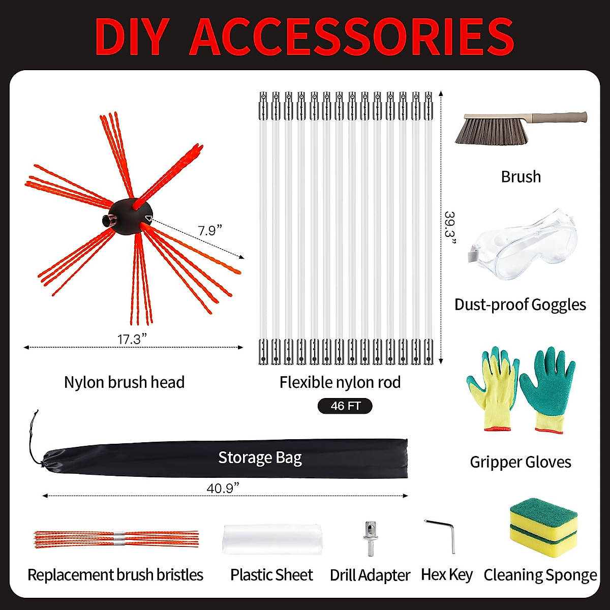 Morinoli 46 Feet Chimney Sweep Kit, Chrome Button Locking System, Chimney Cleaning Kit, Chimney Brush, Chimney Cleaning Tool, Chimney Cleaning System with 14 Flexible Chimney Rods