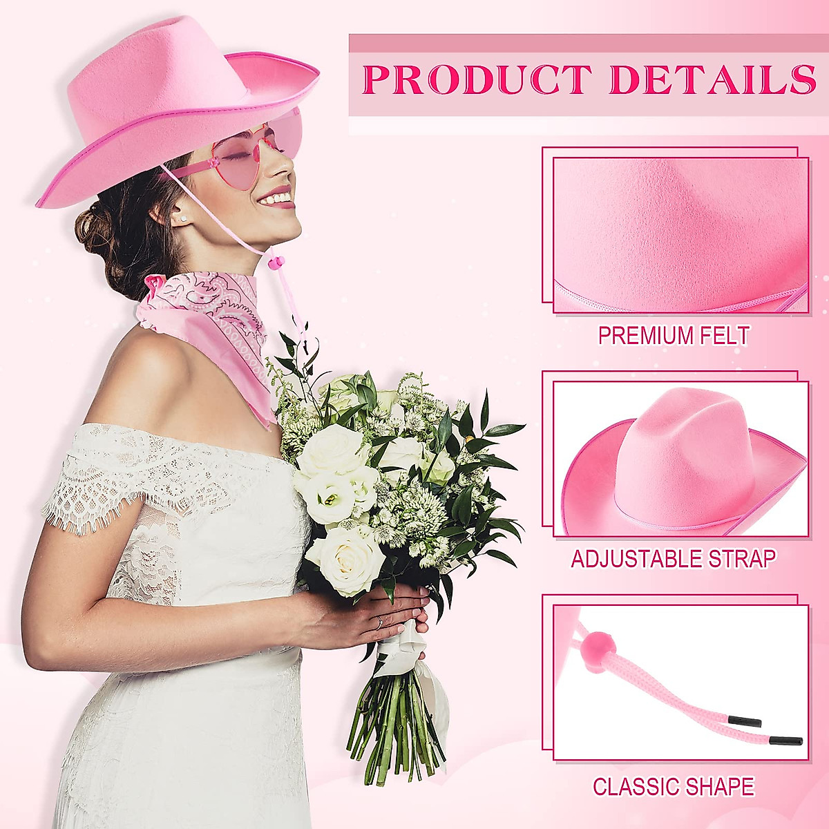 4 Sets Cowboy Hats with Bandana for Halloween Cosplay Costume Cowgirl Hat for Wedding Bride Bridesmaid Men Women, Pink, White