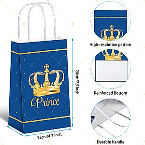 16 Pack Prince Party Gift Bags Prince Theme Birthday Party Treat Bags Blue Candy Goodie Bags Kraft Wrap Bags with Handles for Boys Kids Birthday Baby Shower Party Favors Supplies