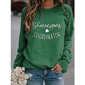 Shenanigans Coordinator Sweatshirt Green T Shirt Irish St Patrick's Day Shirt T Shirt Here for The Shenanigans Shirt Loose Casual Pullover Shamrock Print Crew Neck Tops Womens Tee