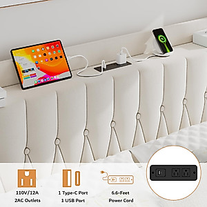 iPormis King Size Metal Bed Frame with Charging Station, Velvet Headboard and Footboard, Heavy Duty Steel Support, 12" Under Bed Storage, No Box Spring Needed, Easy Assembly,Beige&Gold