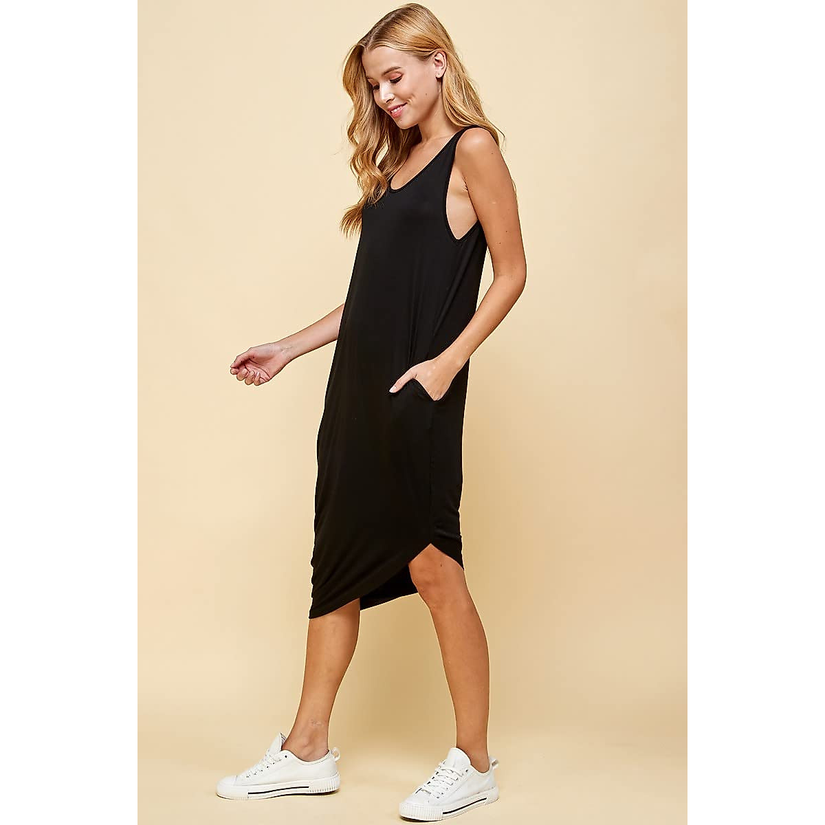 Emma's Closet Women's Tank Dress - Sleeveless Scoop Neck Soft Modal Casual Midi One Piece with Pockets GD2317 Black M