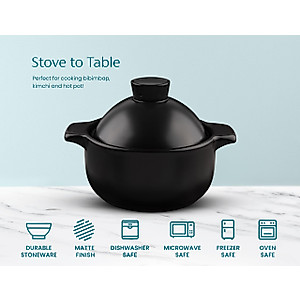 Kook Korean Hot Pot, Dolsot Pot, 68 oz, with Lid, for Cooking Donabe, Bibimbap, Kimchi, Hot Pot, Soups and Stews, Oven and Dishwasher Safe, Black