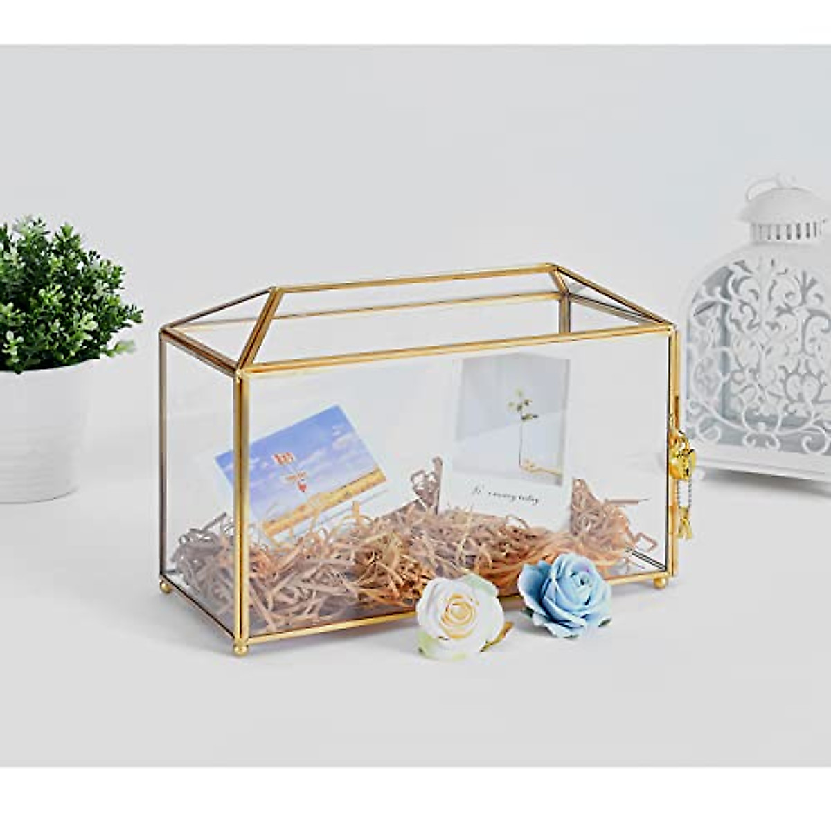Ripprovt Glass Wedding Card Box with Lock, 12.6x5.9x9 inches Large Gold Card Boxes for Wedding Reception, Keepsake Display, Graduation, Party Centerpiece Decorative Box
