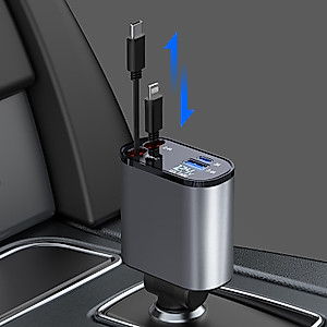 Retractable Car Charger, 4 in 1 USB C Car Charger 60W,Retractable Cables (2.6Ft) and 2 USB Ports Car Charger Adapter, Compatible with iPhone 15/14/13/12/11 Pro Max, Galaxy S23/ S22/S10,Google Pixel