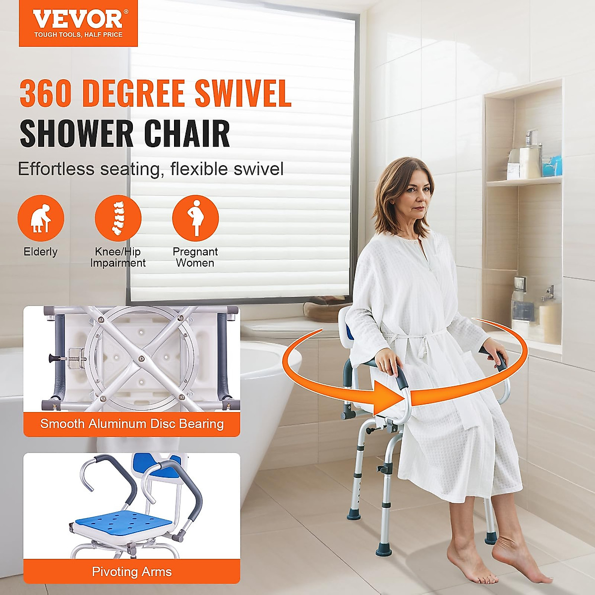 VEVOR Swivel Shower Chair 360 Degree, Adjustable Shower Seat with Pivoting Arms for Inside Showers or Tubs, Non-Slip Rotating Bathtub Shower Chair for Elderly Disabled Injured, 400LBS Capacity
