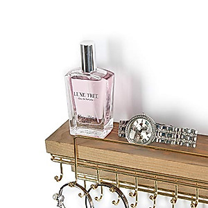 J JACKCUBE DESIGN Rustic Wood Wall Mounted Jewelry Organizer with 30 Gold Metal Hooks Display Shelf Storage for Necklaces, Bracelets, Earrings, Bows and more - MK626A