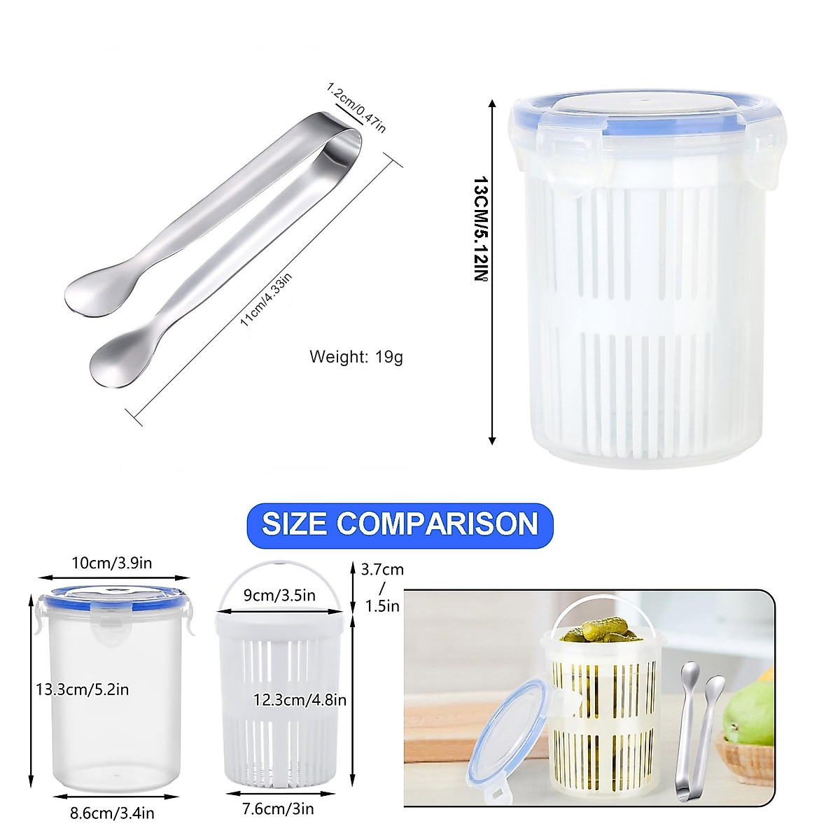 Garhelper 2Pcs Pickle Container Jar with Strainer,Pickle Holder Keeper Lifter with 2 Clips,Pickles Olive LeakProof Juice Separator Sieve Food Saver Storage Container with Leak Proof Lock Lid&Clip for