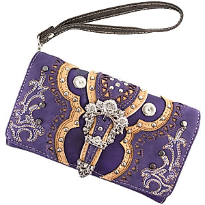 Justin West Concealed Carry Western Silver Flower Buckle Laser Cut Embroidered Triple Layer Studded Crossbody Trifold Wallet (Purple Trifold Wallet ONLY)