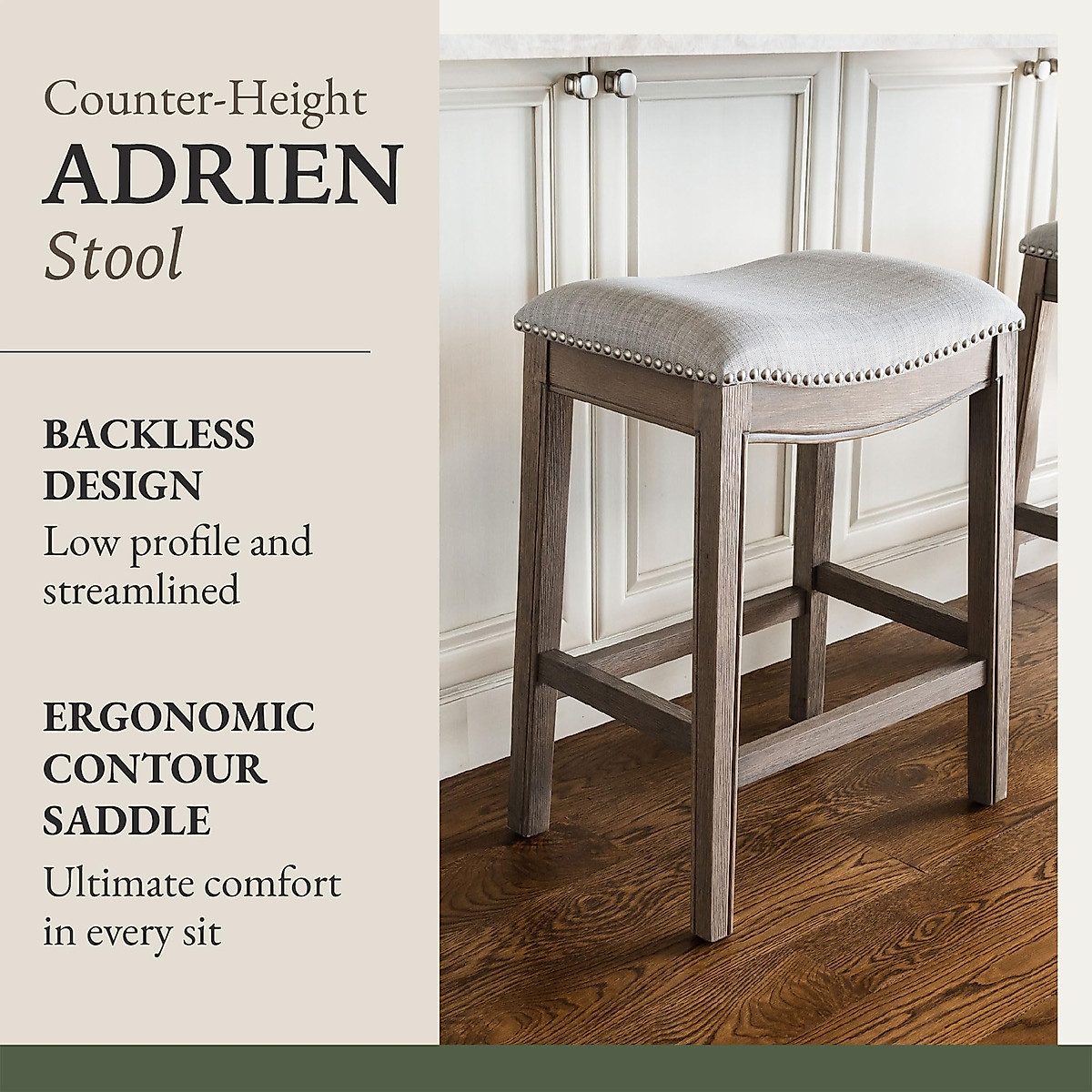 Maven Lane Adrien 26 Inch Counter Height Upholstered Backless Saddle Barstool in Reclaimed Oak Finish with Ash Grey Fabric Cushion Seat, Set of 3