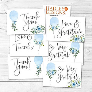 24 Blue Balloon Baby Shower Thank You Cards With Envelopes, Kids Thank-You Note, 4x6 Gratitude Card Gift For Guest Pack For Party, Birthday, For Girl Children, Cute Watercolor Garden Event Stationery