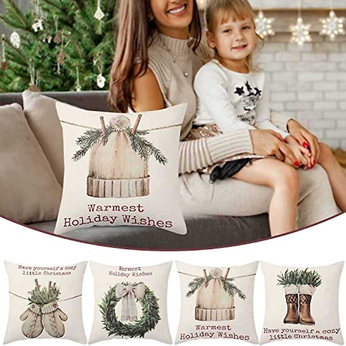 Scceatti Christmas Pillow Covers Set of 4 18x18 in Liene Winter Cushion Cover with Zipper Print Bohemian Toss Xmas Fashion Pillow Cases Protector for Couch Sofa Bed Living Room Decorations Gifts