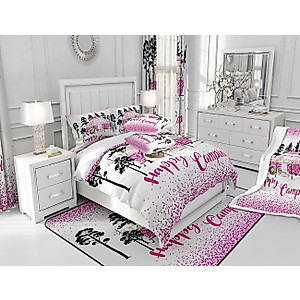 Feelyou Camper Duvet Cover Twin Size with 1 Pillow Case Happy Camping Duvet Cover Set Pink RV Camping Bedding Set Cartoon Cat Comforter Cover for Boys Girls Kids Adults