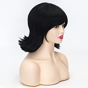 Coraline Flip Out Wig Black 50s and 60s Women Short Bob Halloween Hair Bow and Red Glasses Synthetic Bang Wig