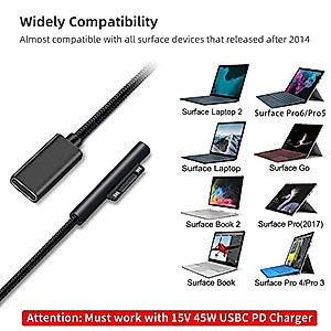 Sisyphy Nylon Braided Surface Connect to USB-C Charging Cable Compatible for Microsoft Surface Pro7 Go2 Pro6 5/4/3 Surface Laptop Book,Works with 45W 15V3A USBC Charger and 3A USBC Cable - 0.2 Meters