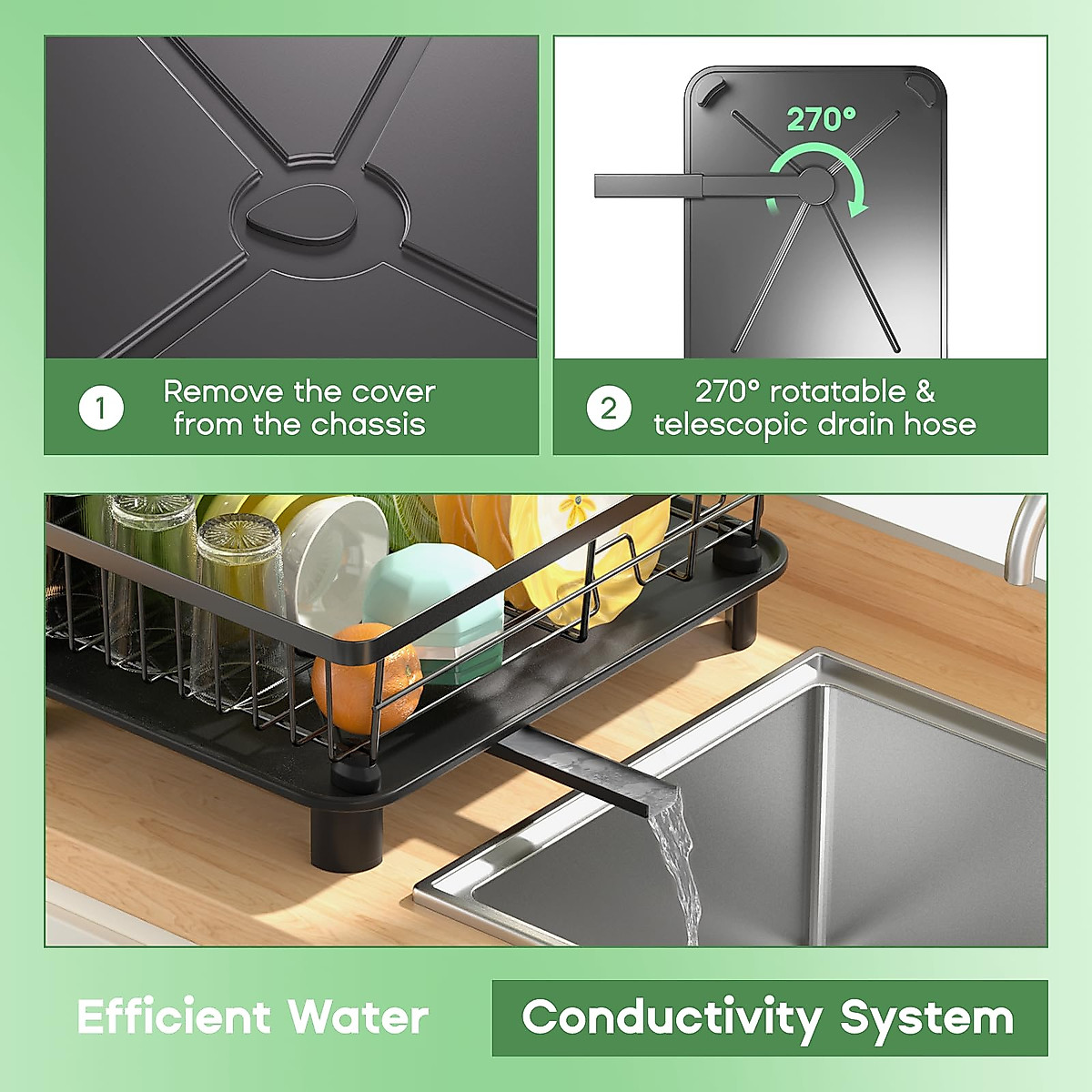 YUWENUS Dish Drying Rack, Space-Saving Dish Rack for Kitchen Counter, Anti-Rusty Stainless Steel Dish Drainer with Utensil Holder, escurridor de platos for Kitchen (Black)