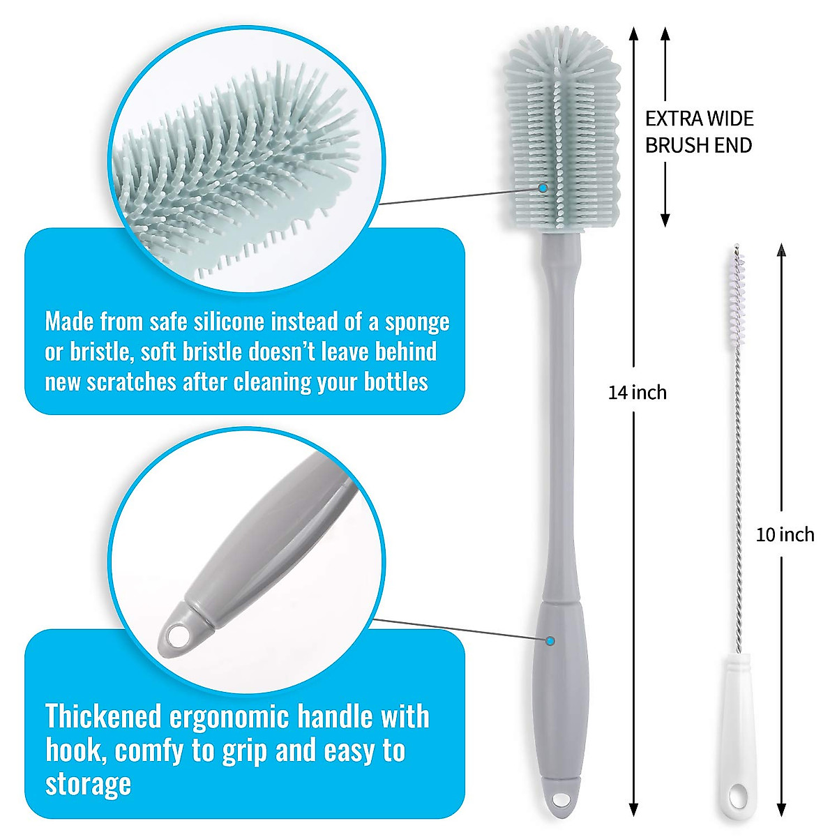 14” Silicone Bottle Brush - Cleaning Set for Sports Water Bottle, Baby Bottles, Tumbler, Drinking Glasses, Vase