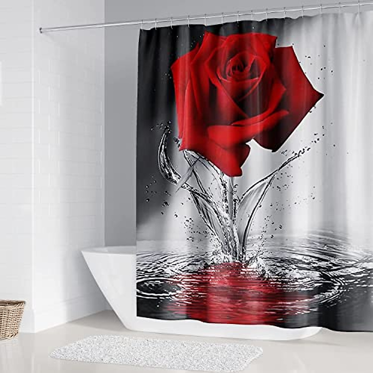 Romantic Red Rose Bathroom Sets with Rugs and Accessories Red Rose Bath Mat,Toilet Lid Cover,U-Shaped Mat 4pcs,Waterproof Fabric Bathroom Shower Curtain Sets for Decor