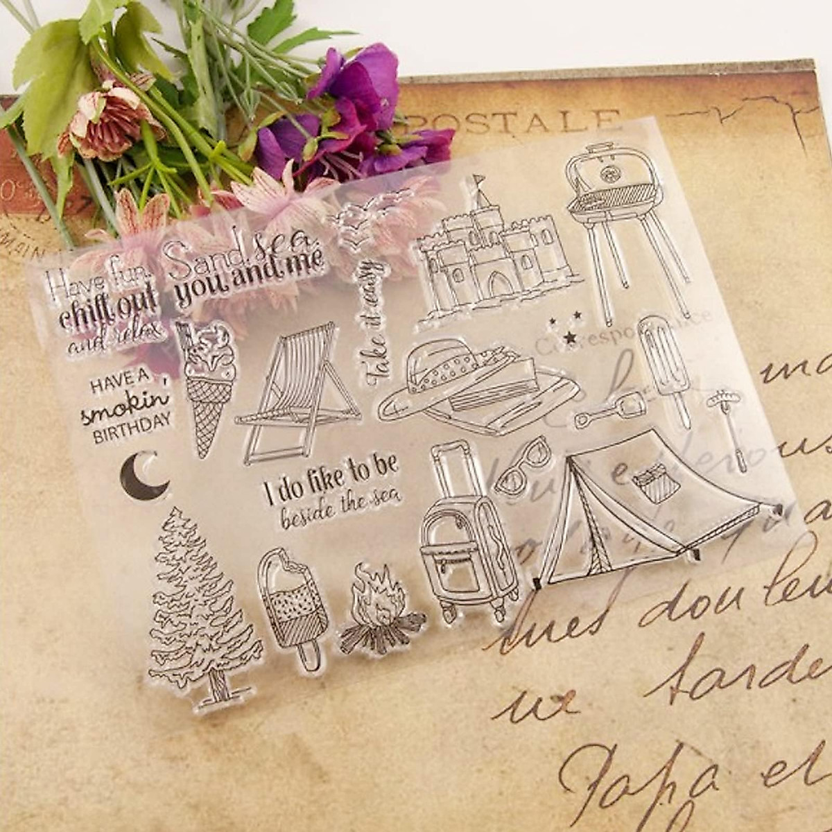 Silicone Stamp Cards, 2Pcs Camping Style Clear Stamps Cute Clear Rubber Stamps Cartoon Touring Car Seaside Spending Holiday Series Clear Stamps