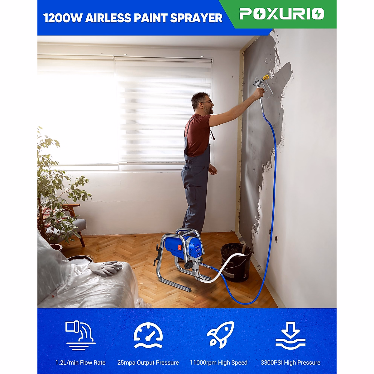 POXURIO 1200W Airless Paint Sprayer, 3300PSI High Efficiency Electric Paint Sprayer with Extension Rod, Thinning-Free Stand Airless Sprayer for Home Exterior and Interior, Garage, Deck, Furniture