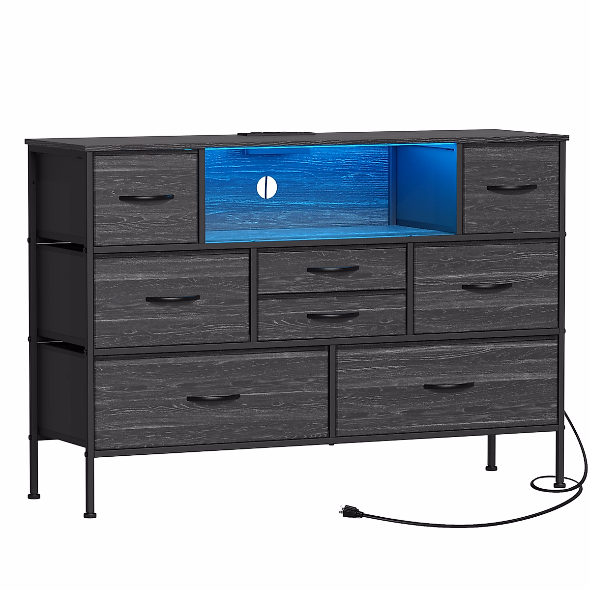 Simoretus Wide Dresser with Charging Station and LED Light for Bedroom 8 Fabric Drawers Chest of Drawers with Power Outlet Storage Open Shelf for Living Room TV Stand Closet Hallway (Charcoal Black)