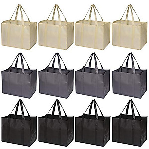 Set of 12 Reusable Grocery Bags Large Foldable Heavy Duty Shopping Tote Produce Bag with Reinforced Handles for Groceries Clothes Vegetables Fruit, Black Grey Beige