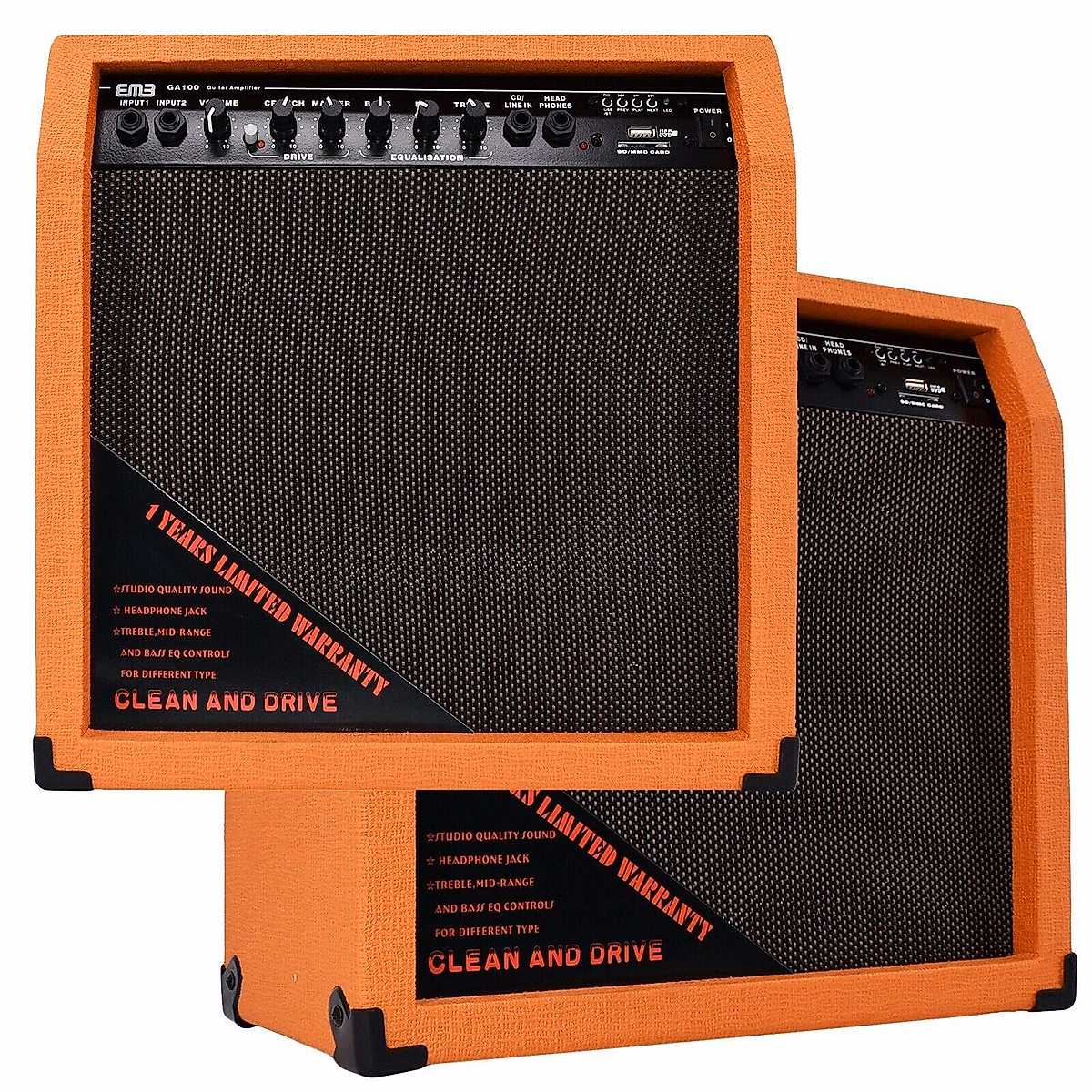 EMB GA100 500W 10" Electric Guitar Amplifier Speaker Portable Powerful Studio and Stage Cabinet PreAMP – with Built in Headphone Jack and 2 Inputs and SD USB AUX Bluetooth (Yellow)