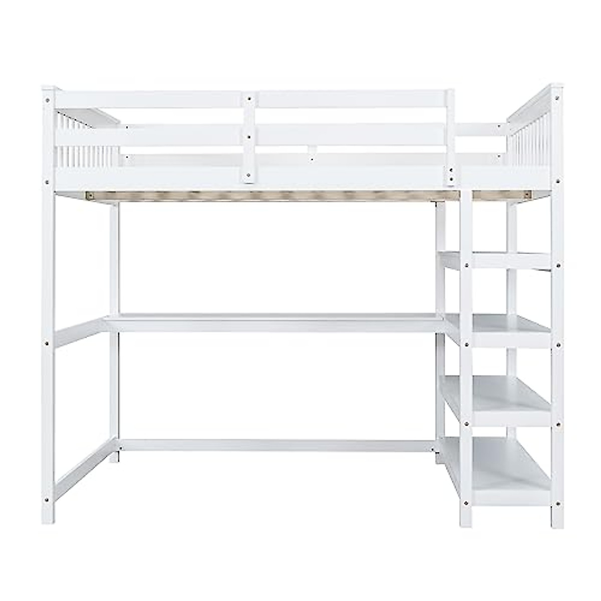 BOVZA Wood Loft Bed with Desk and Shelves, Full Size Loft Bed with Storage Shelves and Under-Bed Desk, Bed Frame for Kids Teens Adult, White
