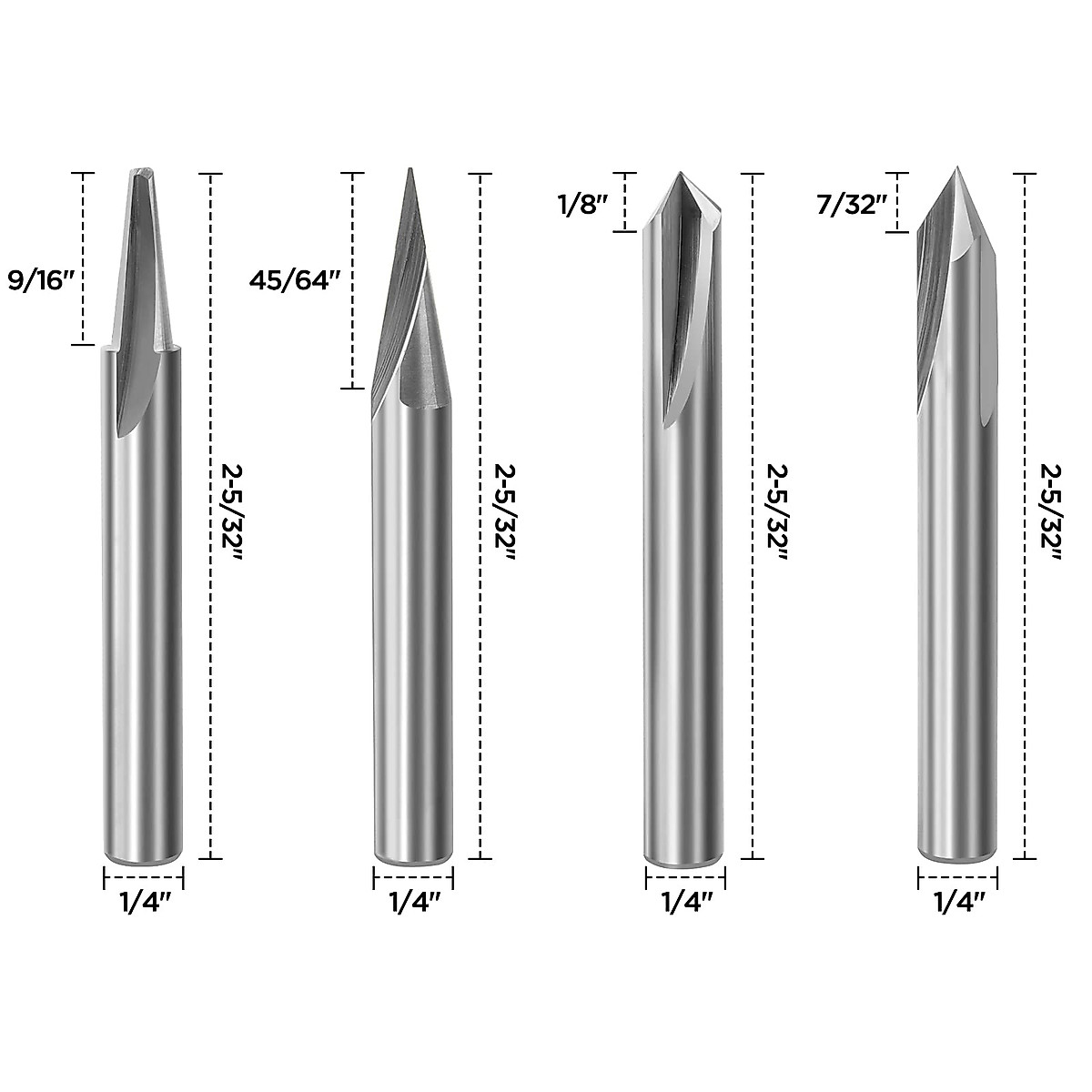 MNA Engraving CNC Wood Carving Router Bit Set, 4 Piece, 1/4" Shank, Soild Carbide 15° 20° 60° 90° V Groove Bit. for CNC or Wood Router, MNA Industrial Grade.