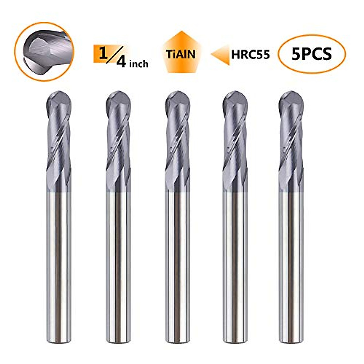 SpeTool 5PCS Ball Nose End Mill Cutter CNC Router Bits Double Flute HRC55 Spiral Milling Tool 1/4 Inch Shank 2-1/2 Inch Length OVL