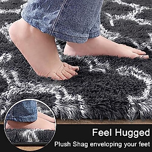 LOCHAS Luxury Shag Area Rug 4x6 Feet Geometric Indoor Plush Fluffy Rugs, Extra Soft and Comfy Carpet, Moroccan Rugs for Bedroom Living Room Dorm Nursery Kids, Dark Grey/White