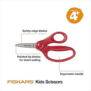 Fiskars 5" Pointed-Tip Scissors for Kids Ages 4-7, Scissors for School or Crafting, Back to School Supplies, Red