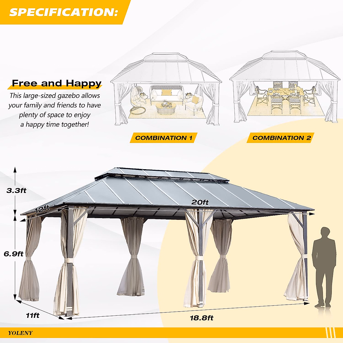 YOLENY 12x20FT Hardtop Gazebo, Permanent Outdoor Aluminum Patio Gazebo with Aluminum Composite Double Roof, Party Tents for Patio Lawn and Garden, Curtains and Netting Included