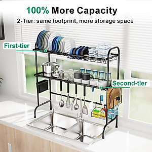 GSlife Over The Sink Dish Drying Rack Stainless Steel 2 Tier Dish Rack Above Kitchen Sink Shelf Durable Dish Drainer, Black
