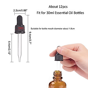 PH PandaHall Set of 12, Glass Eye Droppers for Essential Oil 30ml (1 Ounce) Pressure Rotating Cover Oil Droppers Pipettes Roller Tops for Essential Oil Bottles