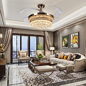 BIGBANBAN Bling Crystal Chandelier Fan, Retractable Ceiling Fans,42 Inch Ceiling Fan with 3 Color Change LED Light and Remote for Bedroom/Living Room/Dining Room (Rose Gold)