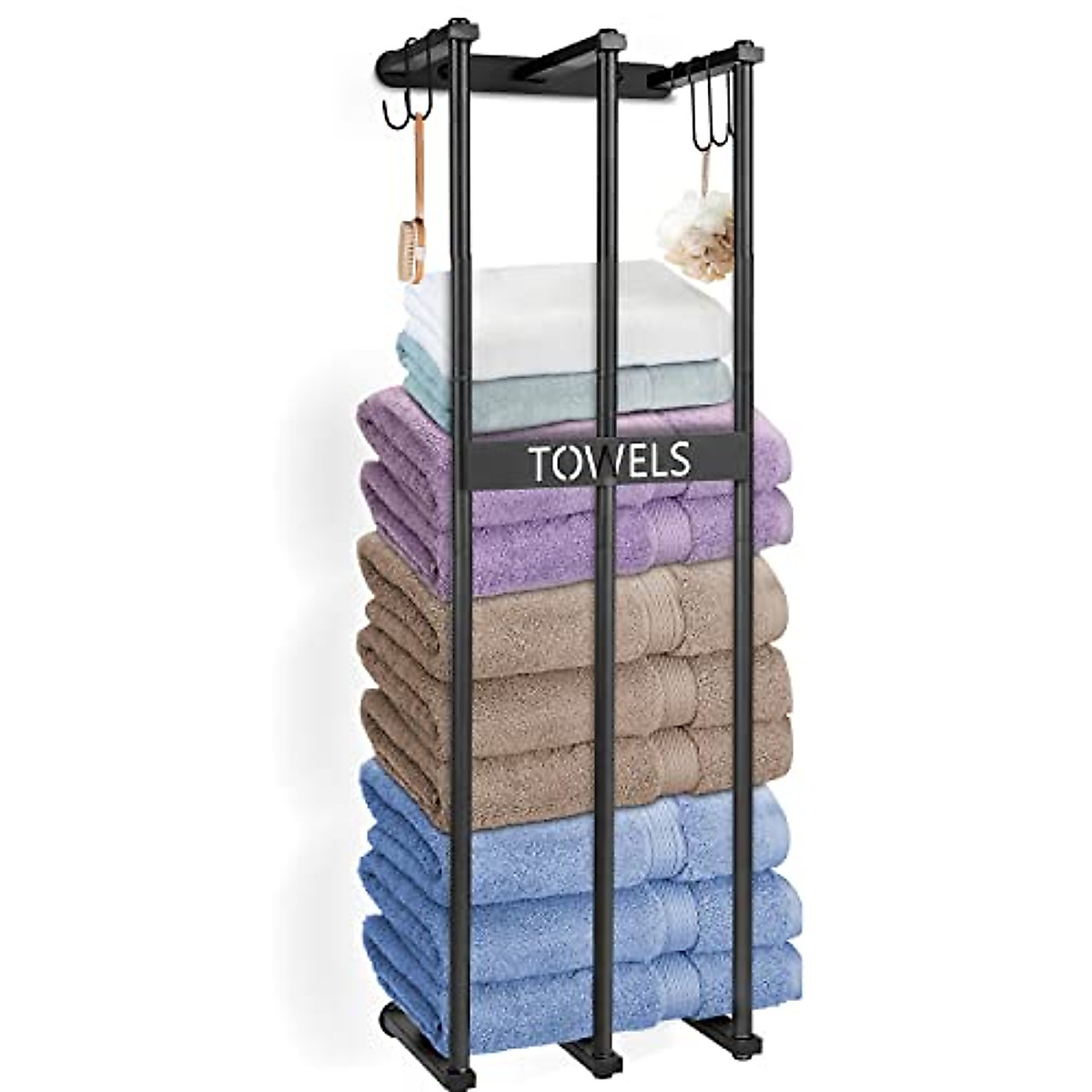 KOCWELL Towel Racks for Bathroom Wall Mounted, 3 Bar Bathroom Towel Holder with Extra 4 Suction Cups and 5 Hooks, Bathroom Towel Storage, Metal Bath Towel Holder for Large Towel Washcloths, Black