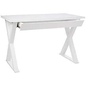 Walker Edison Lawrence Urban Industrial X Leg Glass Top Computer Desk, 48 Inch, White