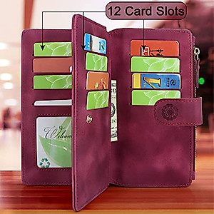 Harryshell Detachable Magnetic Zipper Wallet Leather Case with Cash Coin Pocket 12 Card Slots Holder Wrist Strap Lanyard Compatible with Google Pixel 6A 5G (2022) (Flower Wine Red)