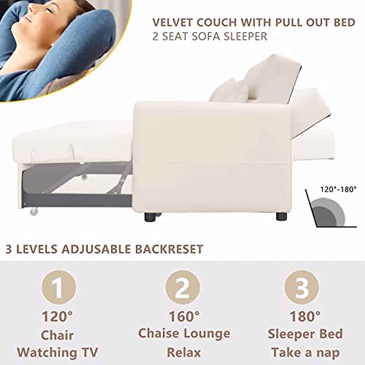 Aoowow Convertible Sleeper Sofa Bed 57 Inches, Velvet 2 Seats Sofa with Pull Out Bed,Loveseat Sofa Couch with Adjustable Backrest, 2 Pillows Side Pocket for Living Room Small Apartment (Beige)