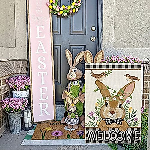 CROWNED BEAUTY Easter Bunny Garden Flag Floral 12x18 Inch Double Sided for Outside Burlap Small Buffalo Plaid Birds Welcome Yard Holiday Flag CF717-12